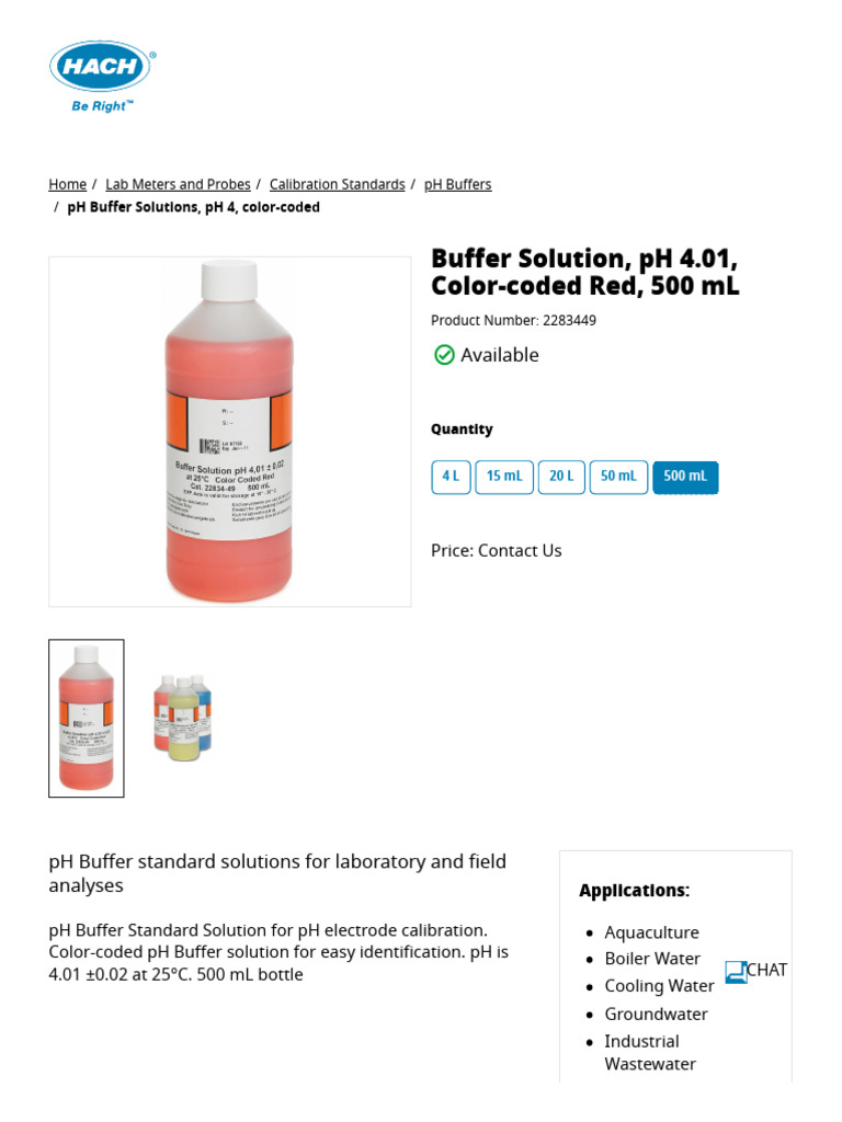 Buffer Solution, PH 4.01, Color-Coded Red, 500 ML - Hach | PDF | Ph | Water