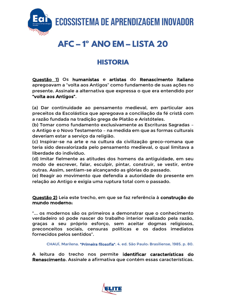 AFC - 1º Ano EM - Lista 20 | PDF | Renascimento | Science
