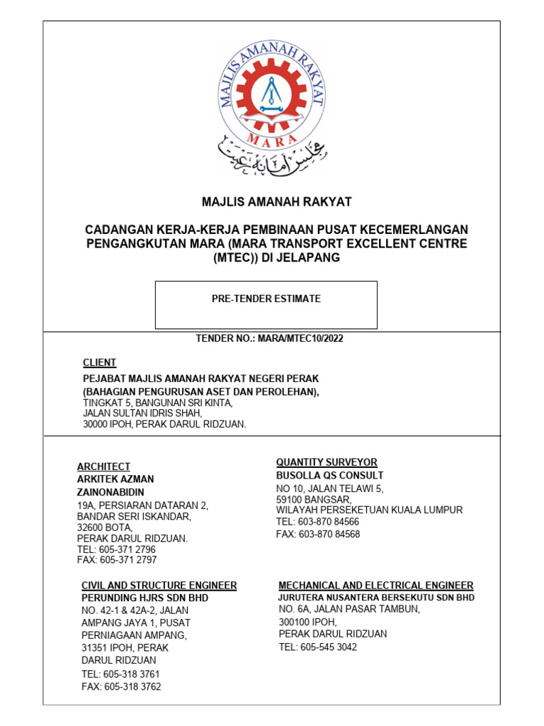 Pre-Tender Estimate for MTEC Project | PDF | Deep Foundation | Employment
