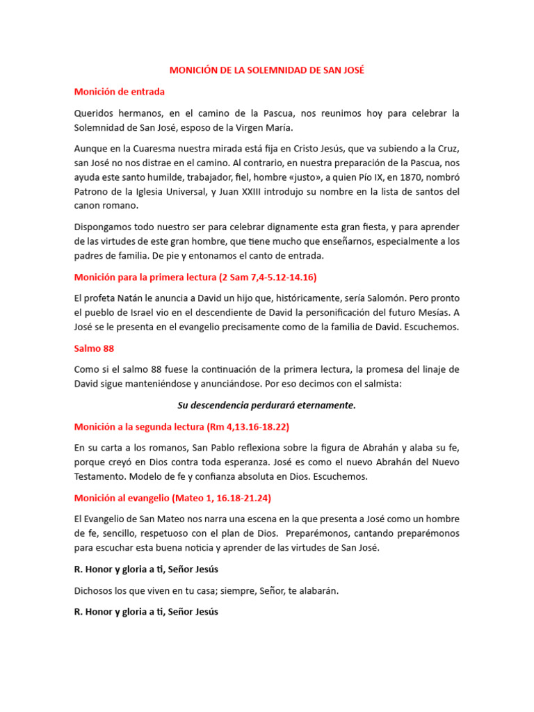 Monición de La Solemnidad de San José 2024 | PDF | San José | David