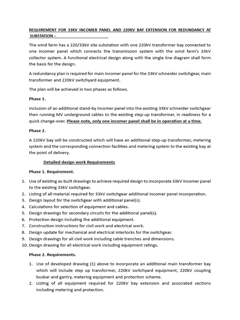 Requirement For 33KV Panel and 220KV Bay Extension | PDF | Electrical ...