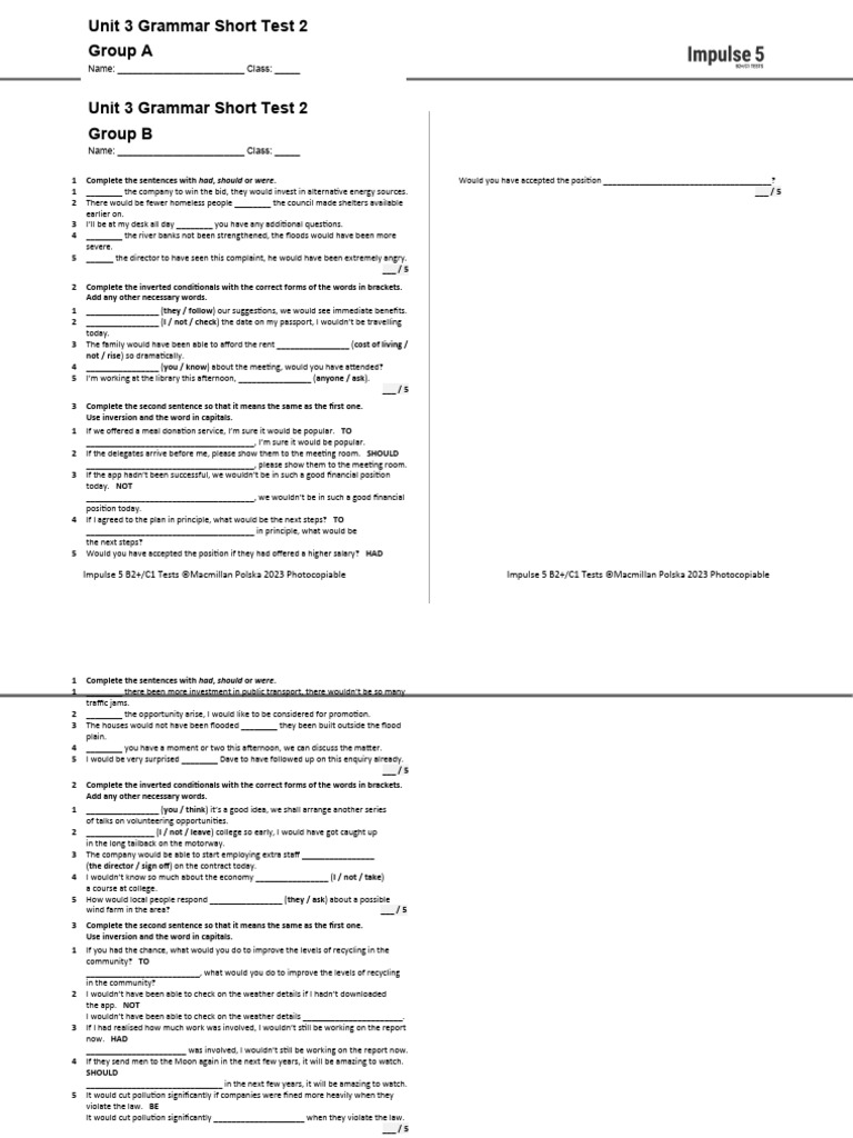 Unit 3 Grammar Test: Inversion & Conditionals | PDF | Cost Of Living ...
