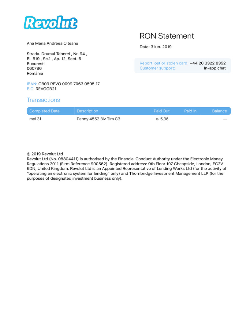 Revolut IBAN and Transaction Details | PDF