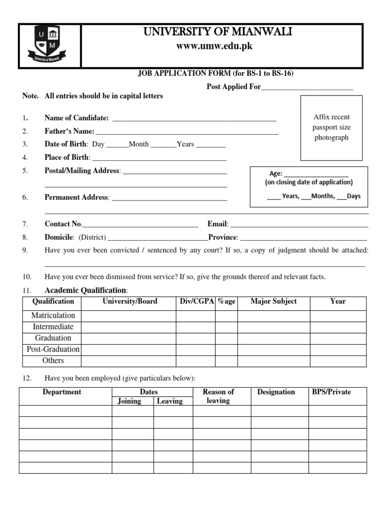 University of Mianwali Job Application Form | PDF | Government | Justice