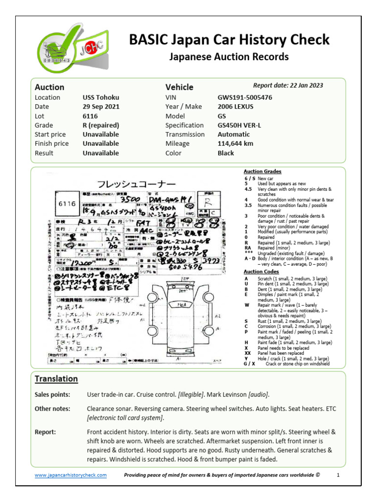 Japan Car History Check Basic Report With Translation - Gws191-5005476 ...