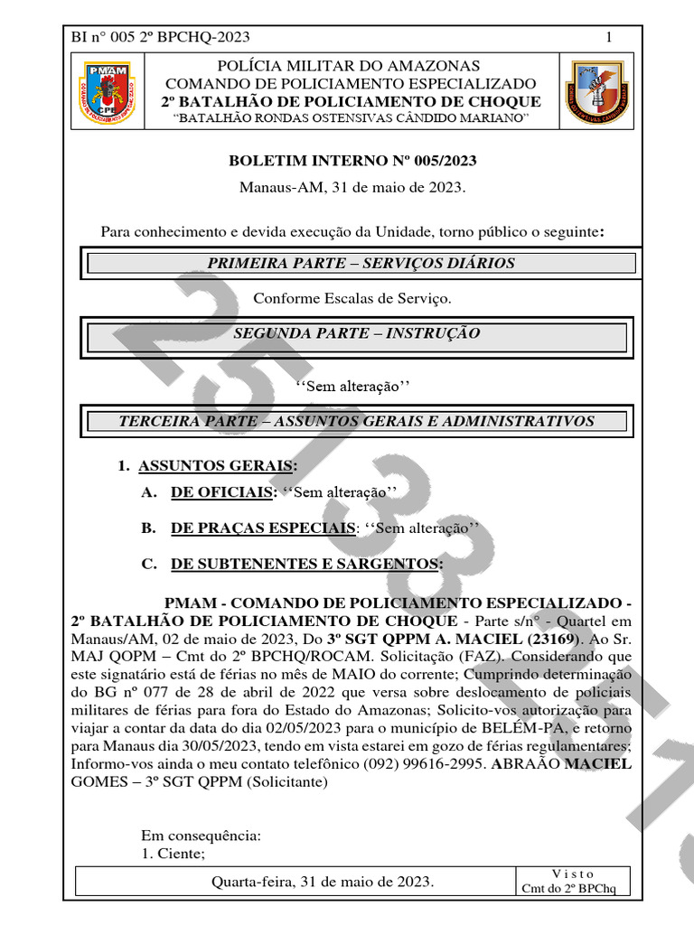 Boletim Interno 005/2023 - 2º BPCHQ | PDF | Polícia