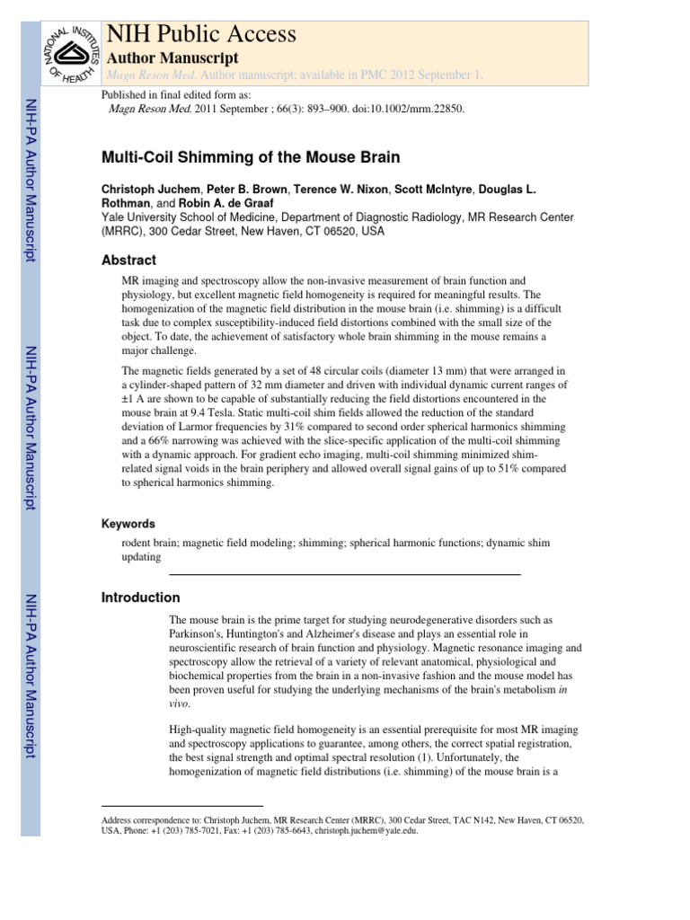 Mouse Brain Multicore Shimming Nihms263547 | PDF | Magnetic Resonance ...