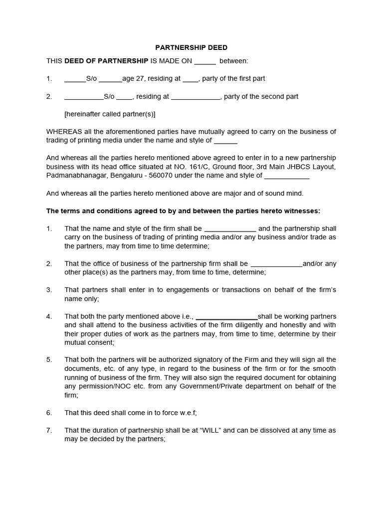 Partnership Deed Draft | PDF | Partnership | Business Law