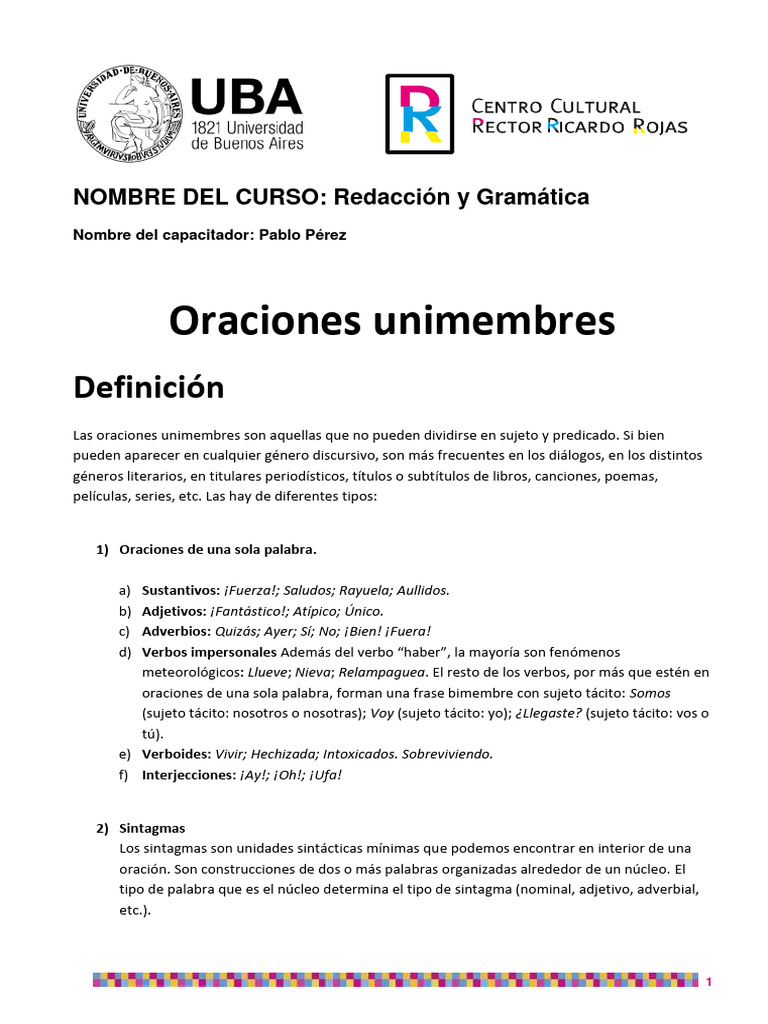 Oraciones Unimembres | PDF | Adverbio | Adjetivo