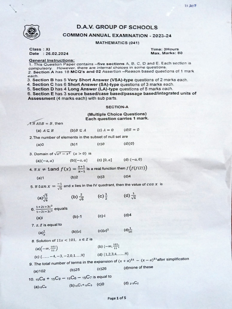 Class XI Maths QP | Download Free PDF | Mathematics | Mathematical Objects