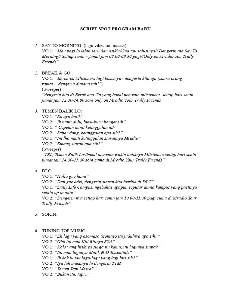 Script Spot, Bumper In, Sub Program Baru | PDF