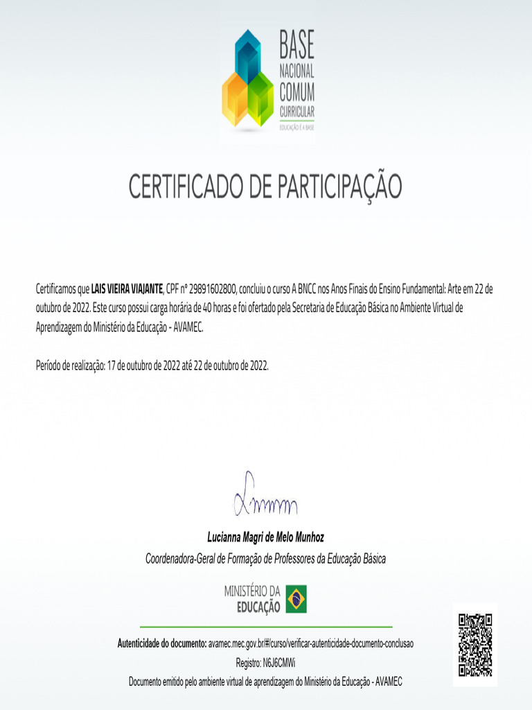 Certificado de Curso BNCC Arte 40h | PDF