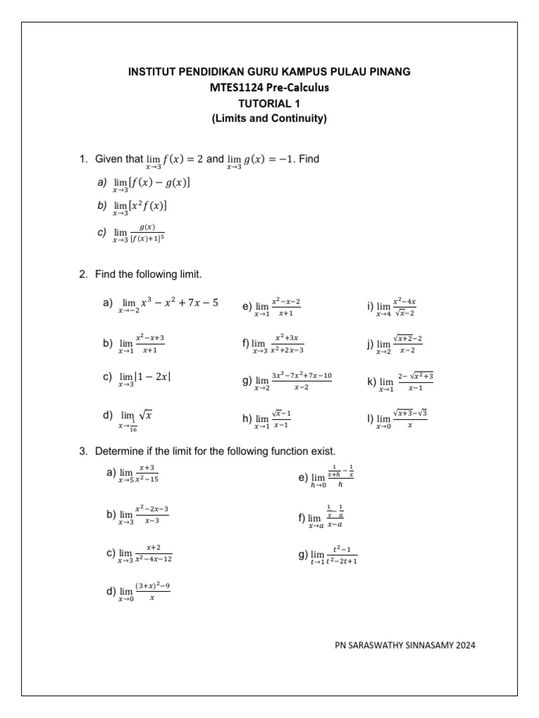 Tutorial 1 - Limit and Continuity | PDF