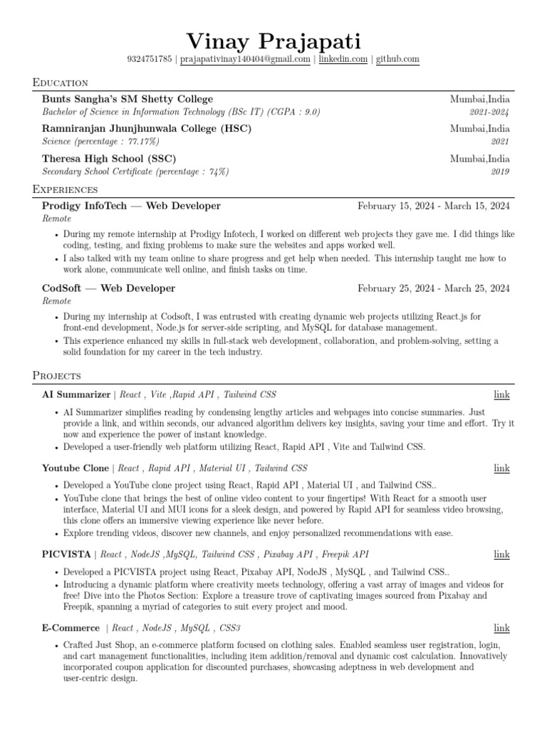 Vinay Resume | PDF | Web Development | My Sql