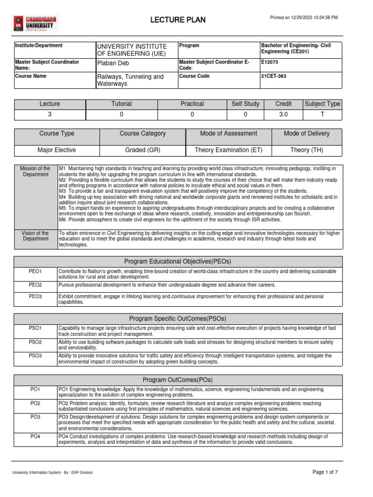 LecturePlan CE201 21CET-363 | PDF | Science | Engineering