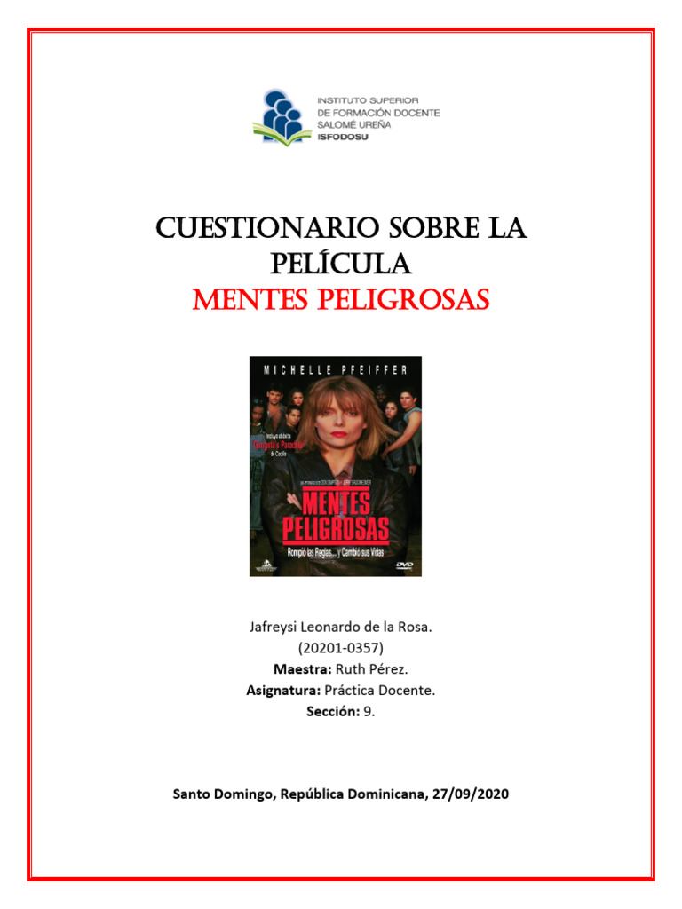 Cuestionario Sobre La Película Mentes Peligrosas | PDF