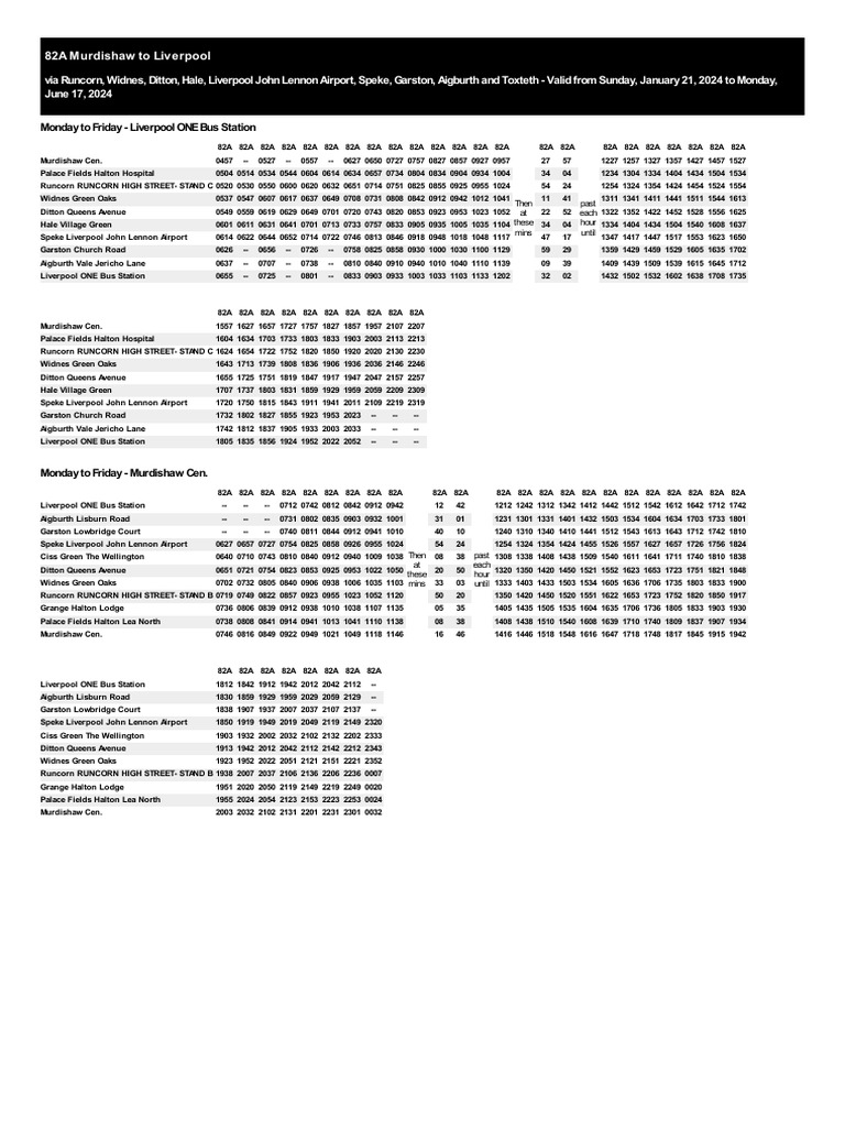 82A Bus Timetable: Runcorn to Liverpool | PDF