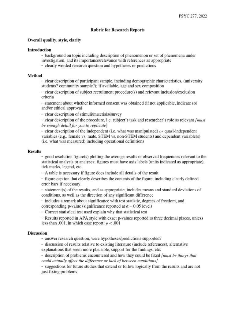 Rubric For Research Reports | PDF | Statistics | P Value