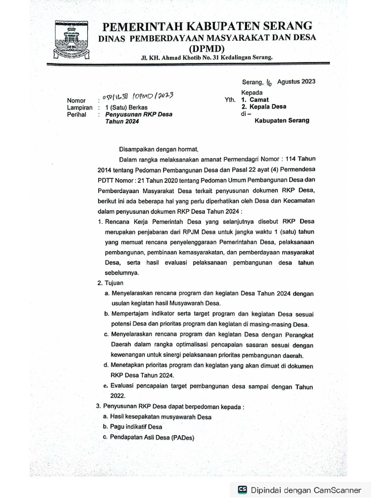 2023 0821 Srt Penyusunan RKPDes 2024-2 | PDF