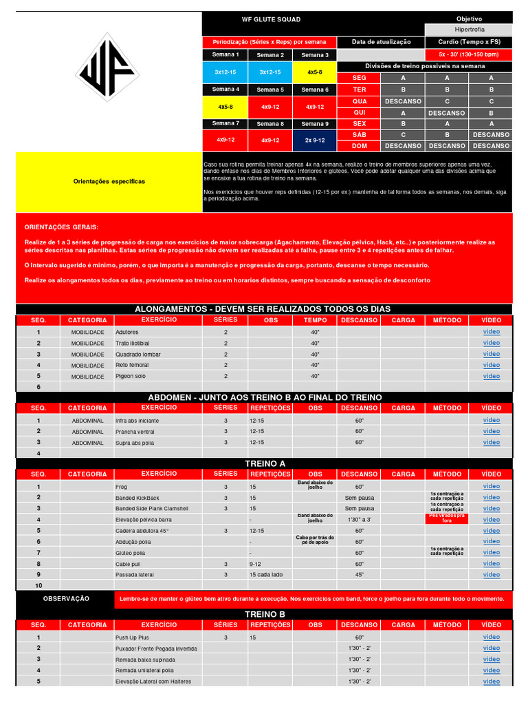 Planilha de Treino WF GLUTE SQUAD | PDF | Anatomia humana | Sistema Locomotor