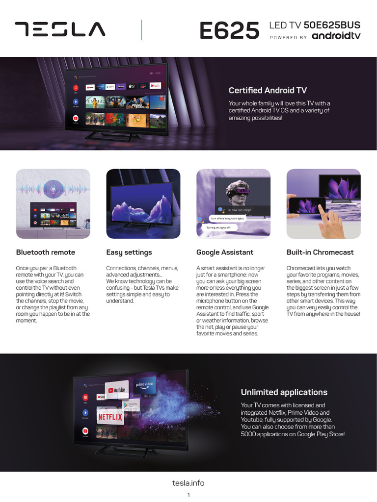 Tesla TV 50E625BUS Specifications ENG | PDF | Television | Hdmi