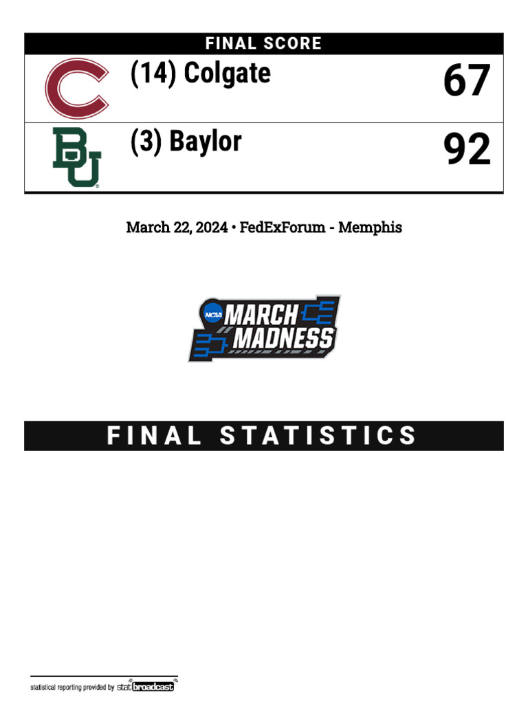 Colgate vs. Baylor men's basketball box score | PDF | Sports | Team Sports