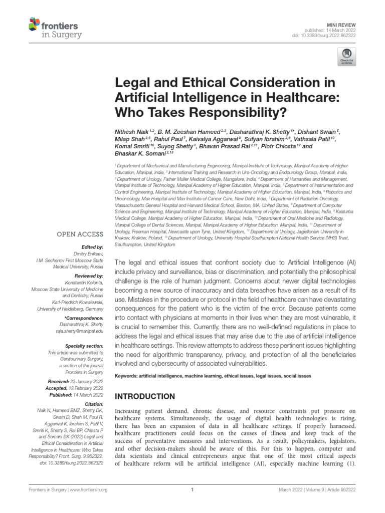 Legal and ethical consideration in AI in healthcare-who takes responsability | PDF