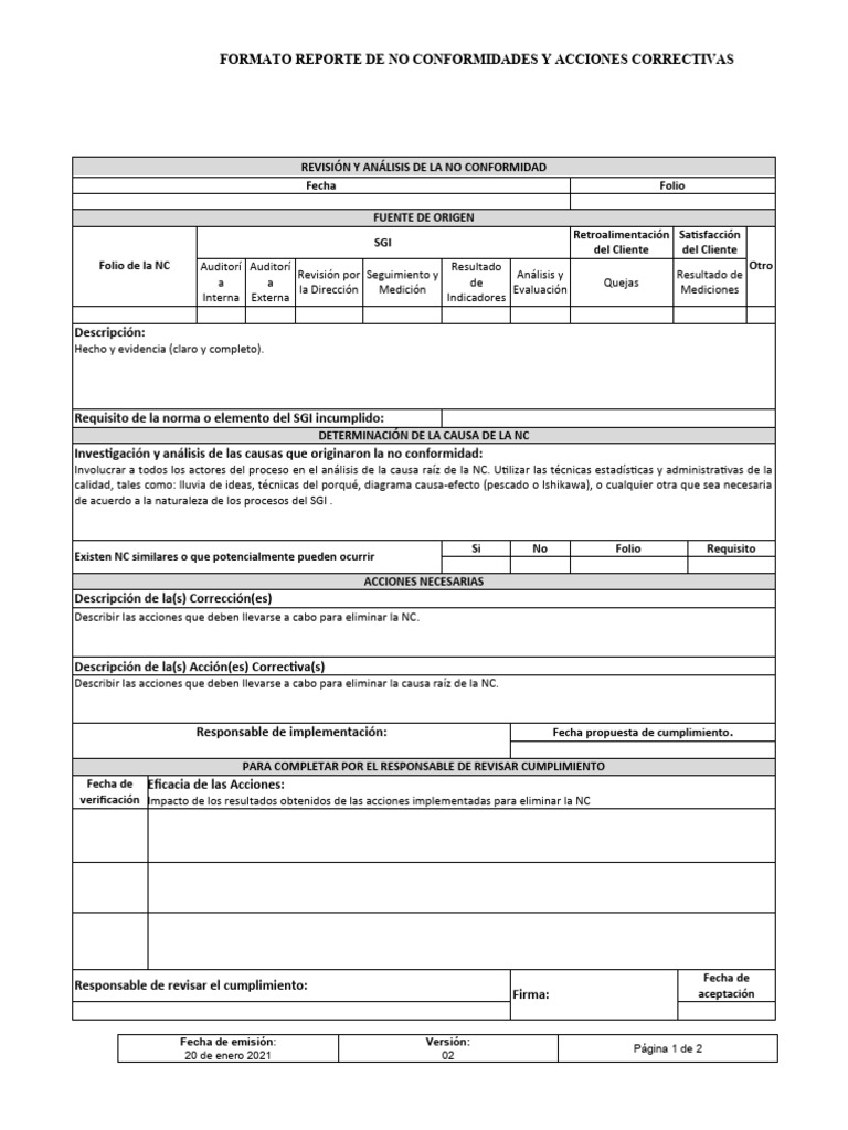 Formato Reporte de No Conformidades y Acciones Correctivas | PDF