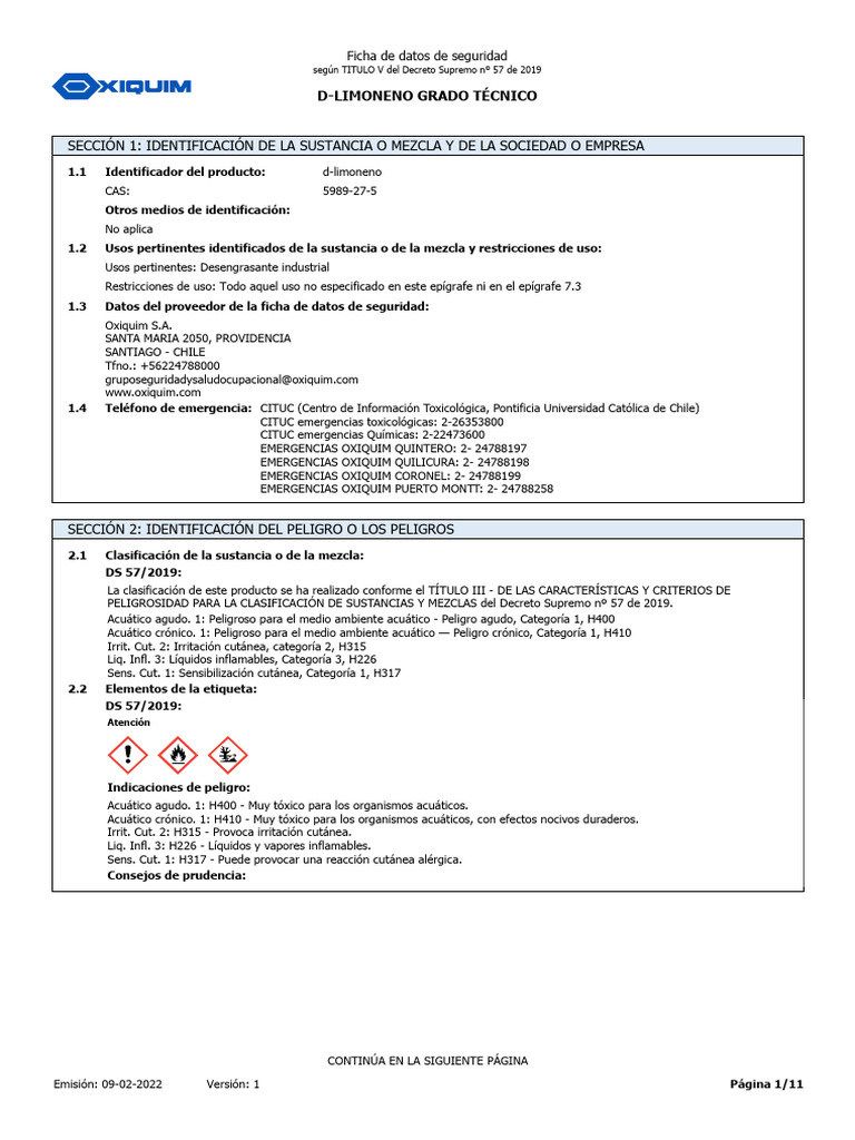 D-Limoneno Grado Técnico | PDF | Toxicidad | Agua
