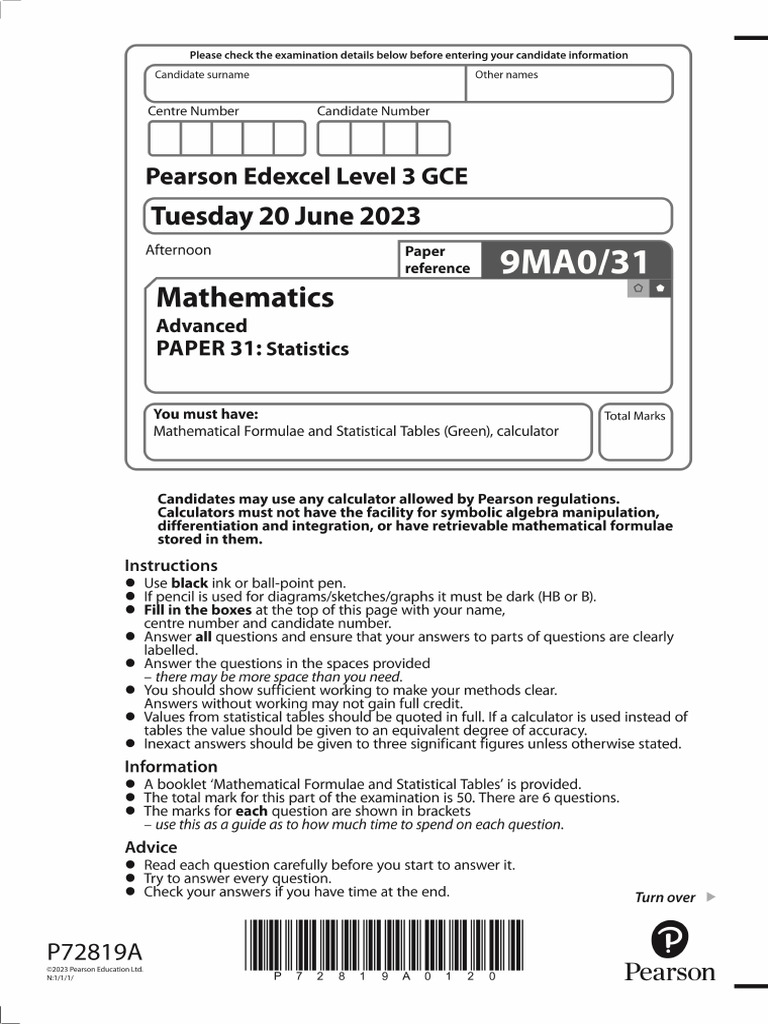 2306 9MA0-31 A Level Statistics - June 2023 Worked Solutions PDF | PDF