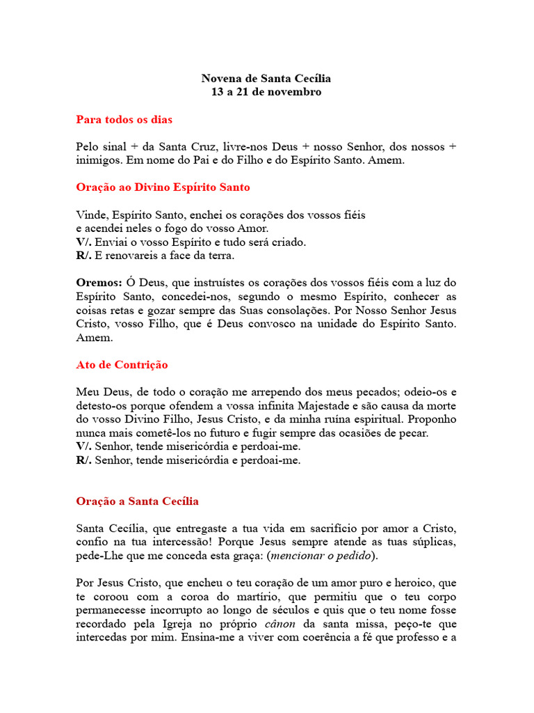 Novena de Santa Cecília: Oração e Reflexão | PDF | Oração | Igreja católica