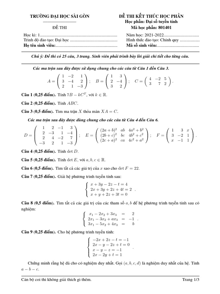 Dai So Tuyen Tinh de Thi | PDF