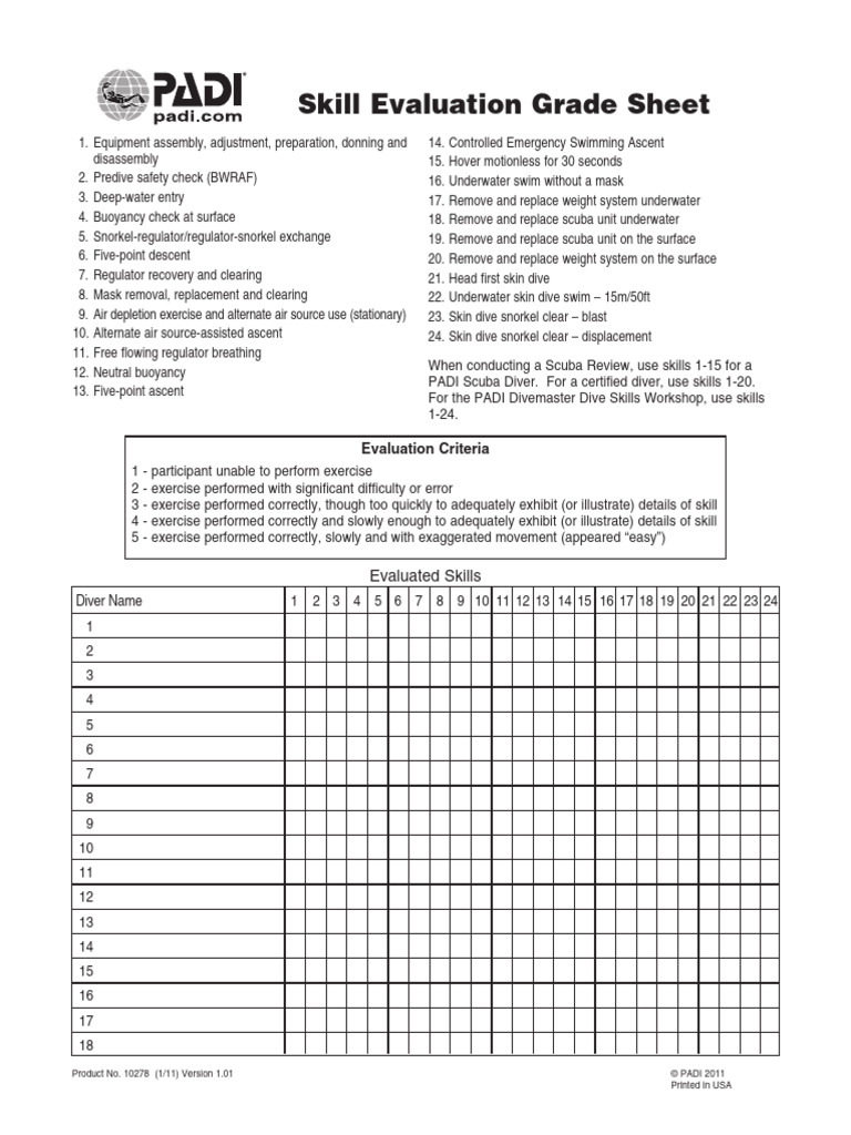 Skill Evaluation Grade Sheet: Evaluated Skills | PDF | Scuba Diving ...