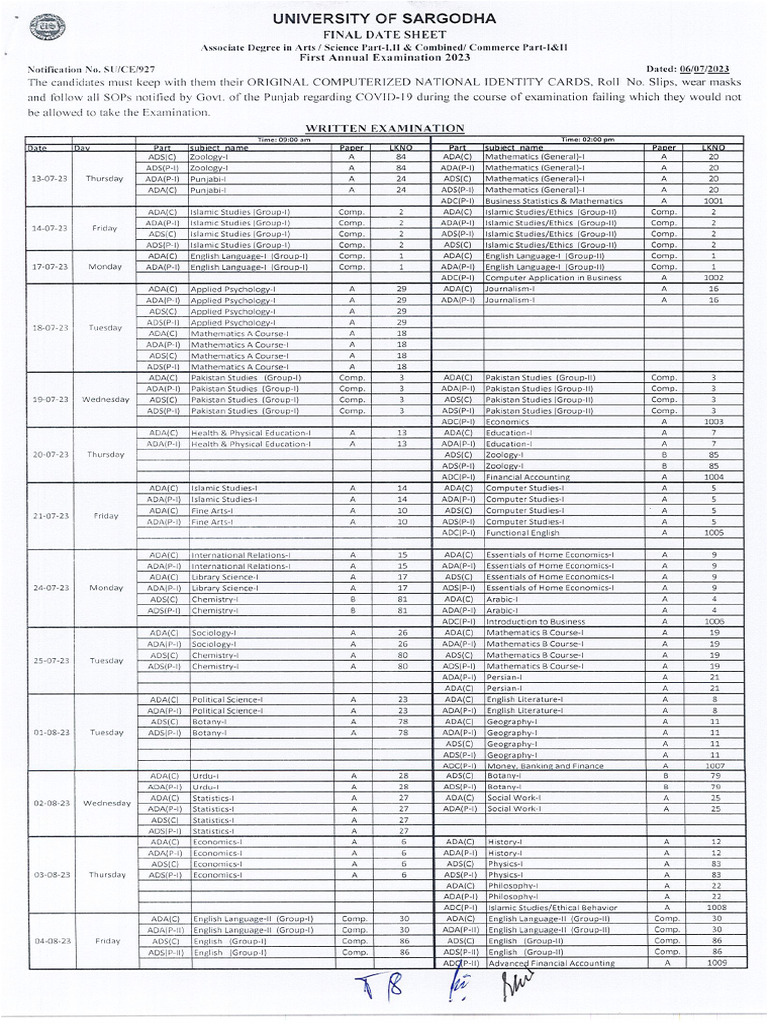 Sar Date Sheet 2023 | PDF