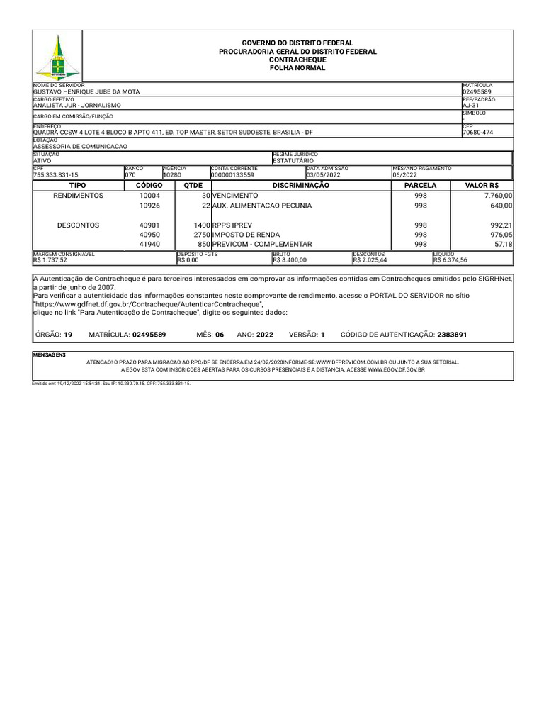 Contracheque Servidor GDF - Gustavo Mota | PDF | Autenticação