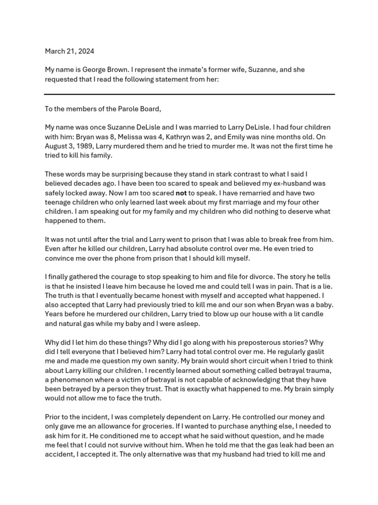 Suzanne DeLisle's Plea to the Parole Board | PDF | Mystery, Thriller ...