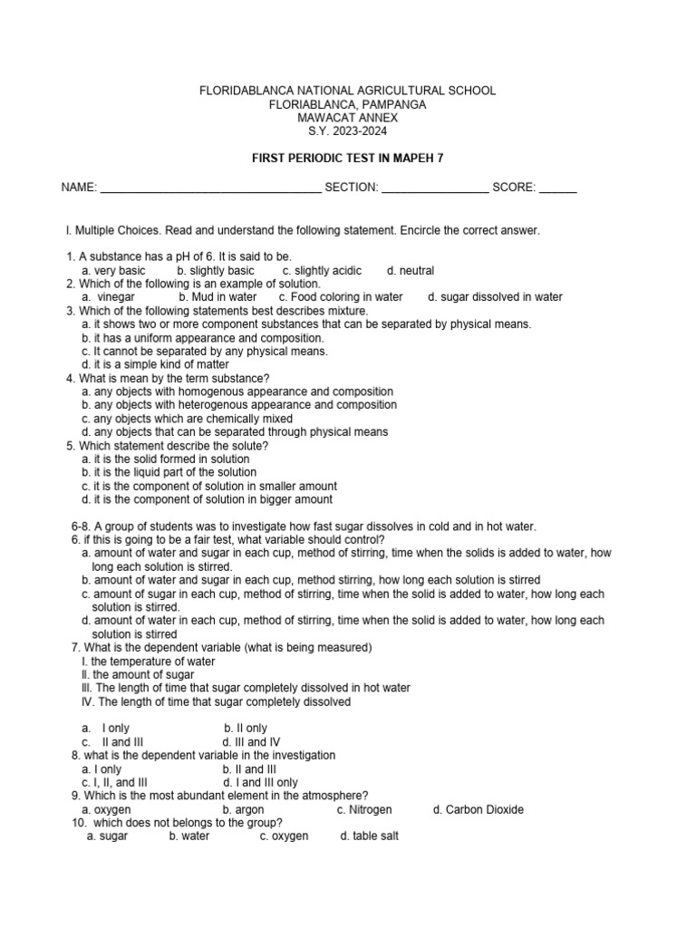 Science 7 First Quarter Exam | PDF | Metals | Chlorine