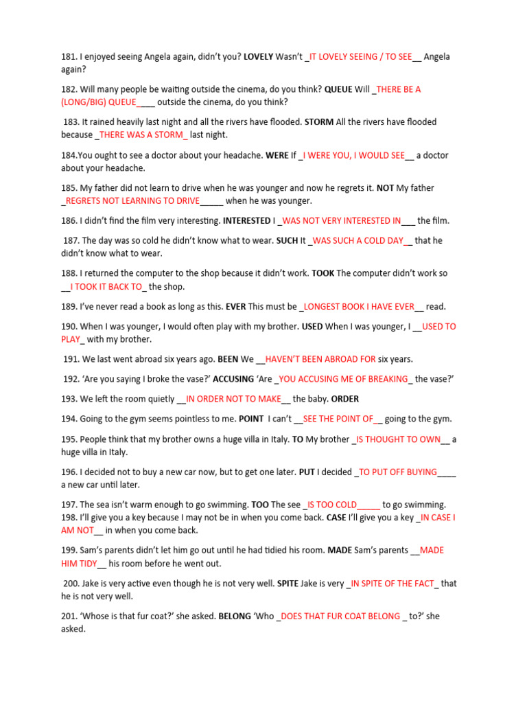 4 Sentence Transformation KEYS | PDF