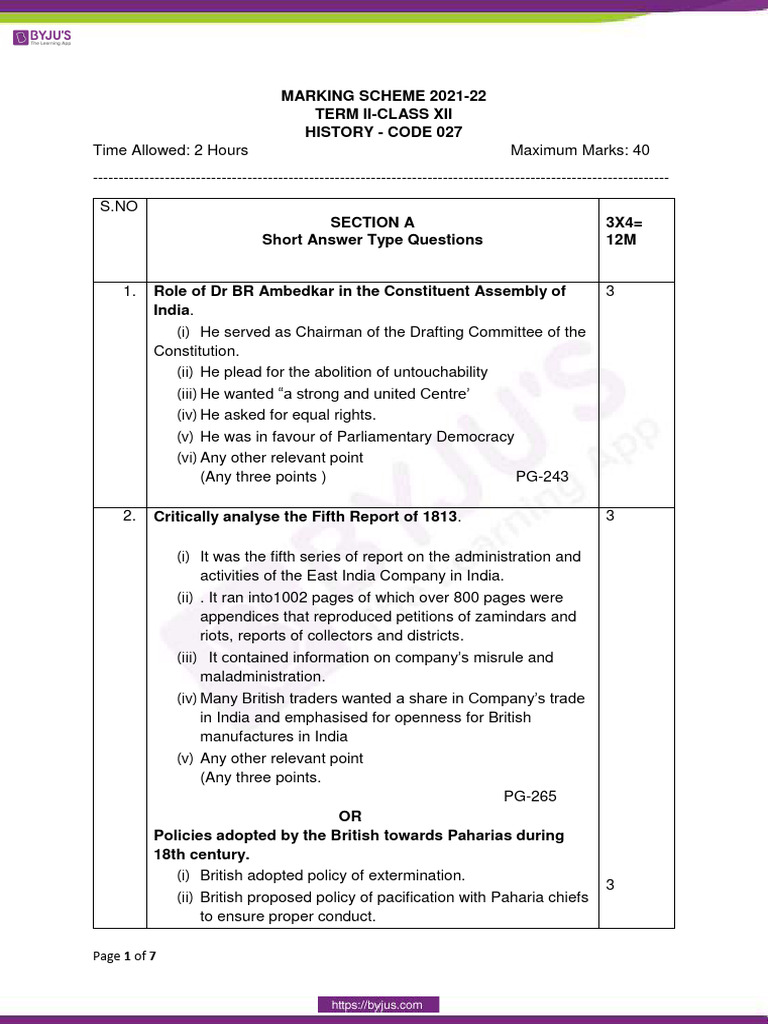 CBSE Class 12 History Marking Scheme Term 2 For 2021 22 | PDF | Mahatma Gandhi | British Raj