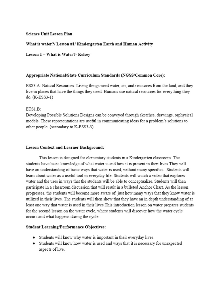 Kindergarten Water Lesson Plan | PDF | Water | Learning