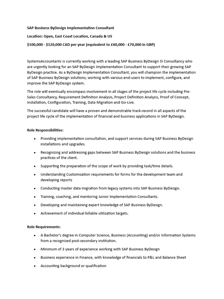 SAP ByDesign Implementation Consultant | PDF | Consultant | Business
