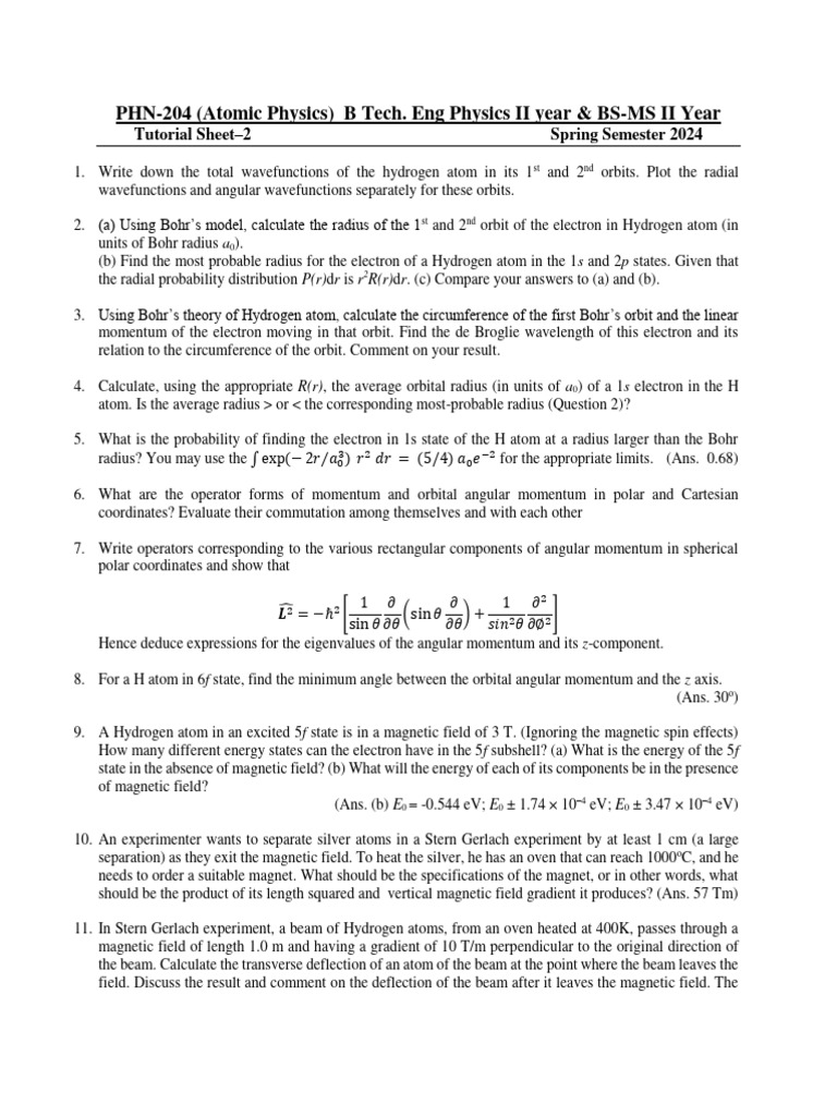 Tutorial2 R 2024 PHN 204 | PDF | Atomic Orbital | Electron