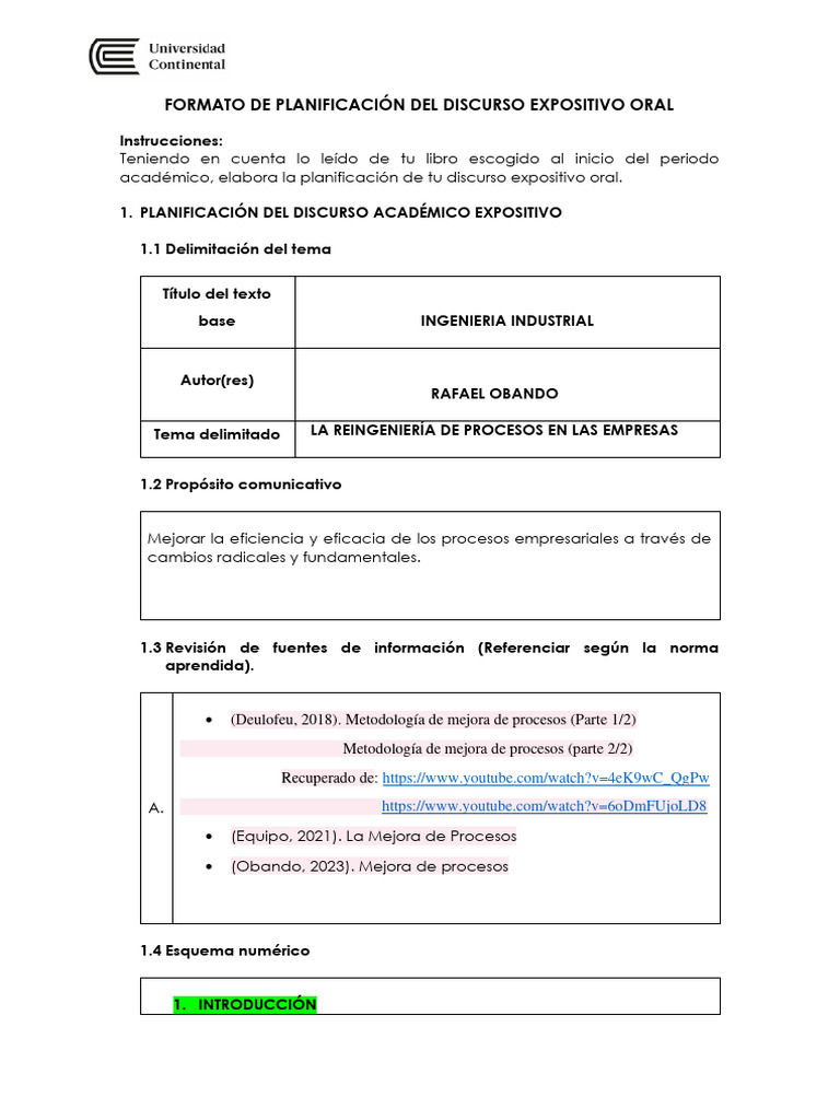 Formato de Planificación Del Discurso Expositivo Oral C.E | PDF