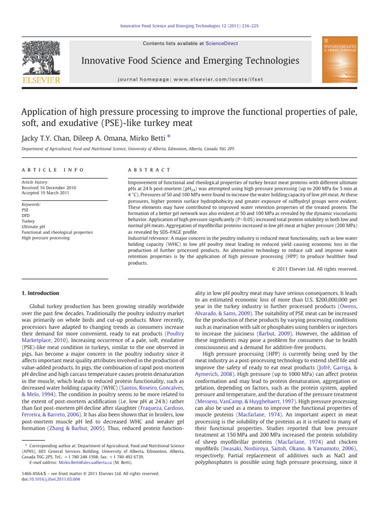 Application of High Pressure Processing To Improve The Functional ...