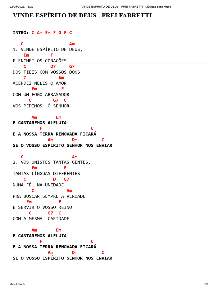 VINDE ESPÍRITO DE DEUS - FREI FABRETTI - Músicas para Missa | PDF | Religião e Espiritualidade