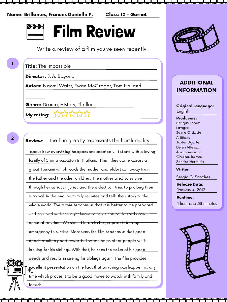 Film Review Printable Worksheet | PDF