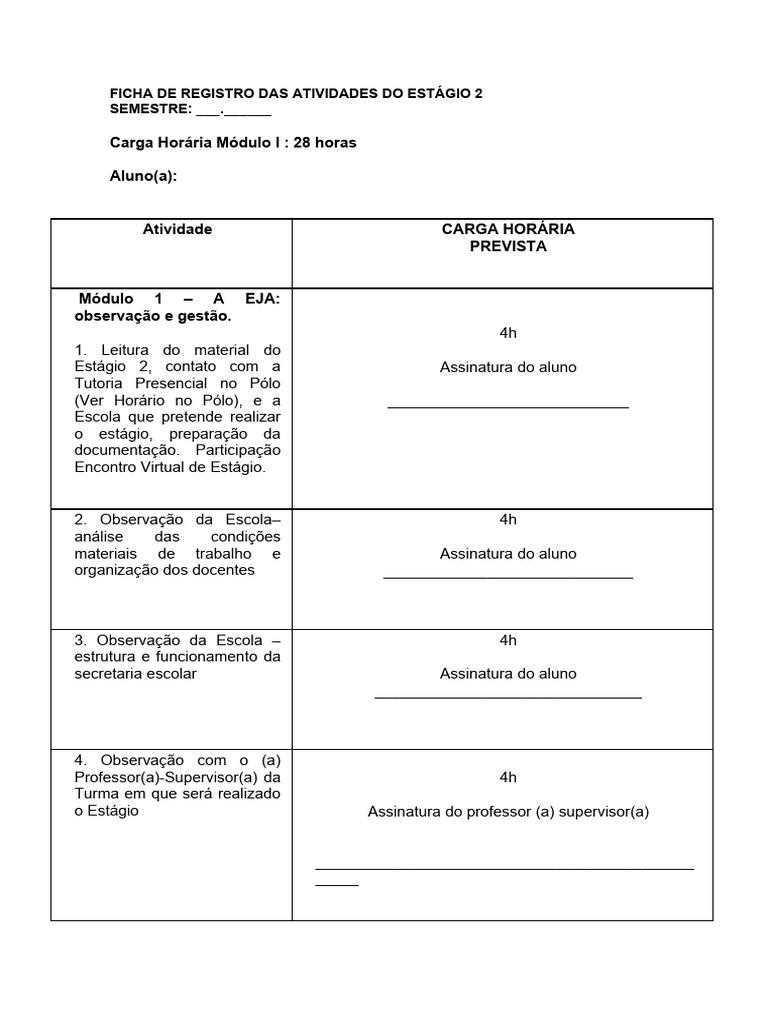 Ficha de Registro Das Atividades Do Estágio Módulo 1 Versão Final | PDF