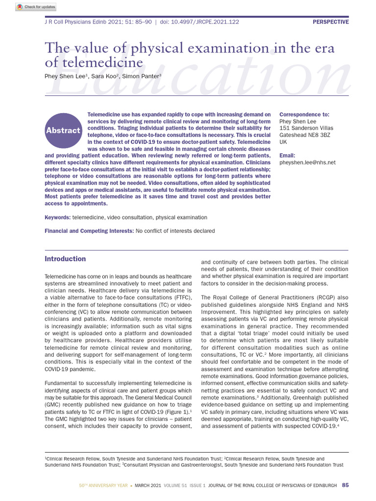 ARTIGO 3 - THE VALUE OF PHYSICAL EXAMINATION IN THE ERA OF TELEMEDICINE | PDF | Physical ...