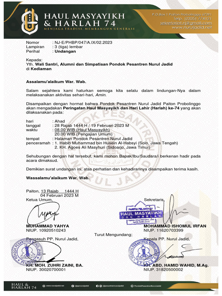 Undangan Haul Masyayikh ke-74 Nurul Jadid | PDF | Perjalanan