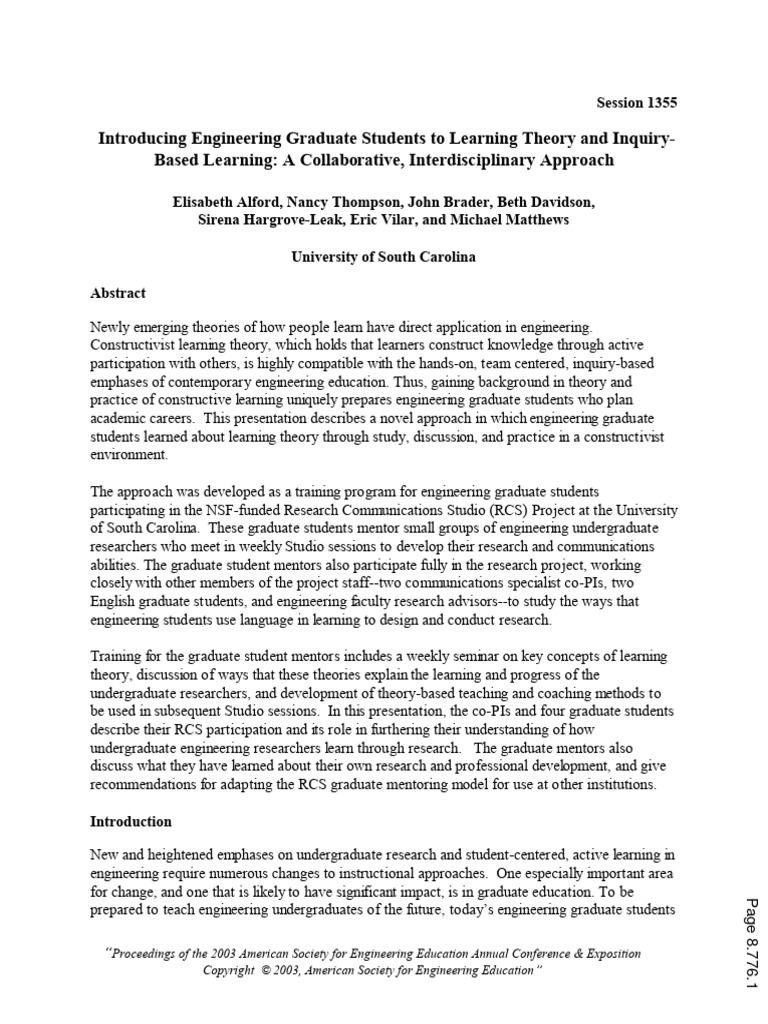 Introducing Engineering Graduate Students To Learning Theory and Inquiry Based Learning A ...
